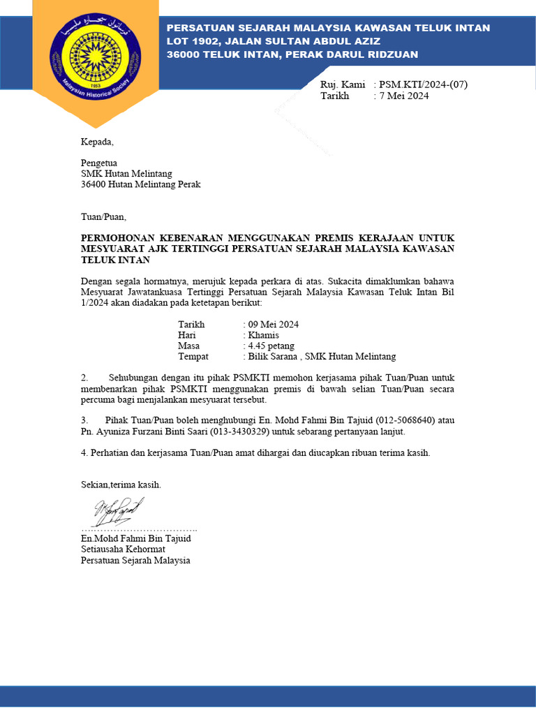 Surat Mohon Penggunaan Premis Sekolah | PDF