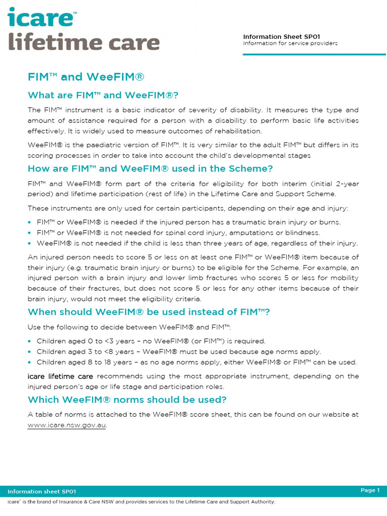FIM and weeFIM Info Sheet | PDF | Traumatic Brain Injury | Causes Of Death