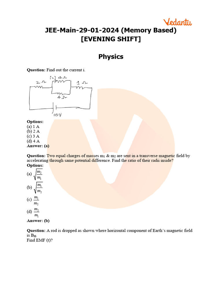 Jee Main 2024 January 29 Shift 2 Physics Question Paper With Solutions ...
