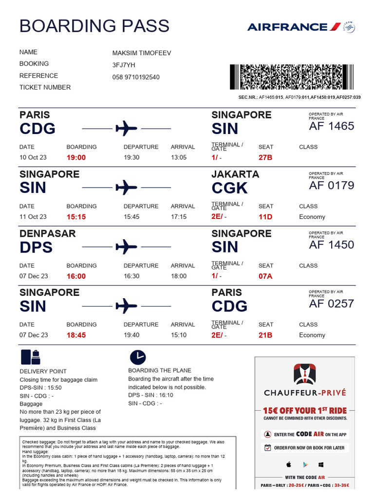 Ticket AIRFRANCE ROUND CGK | PDF | Baggage | Business Class