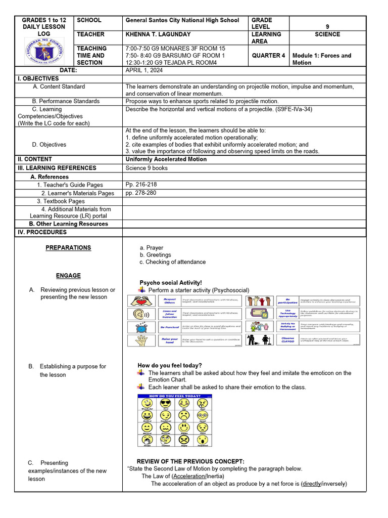 Phy - W1 D1 - LP - G9 - Sy2023-2024 | PDF | Acceleration | Force