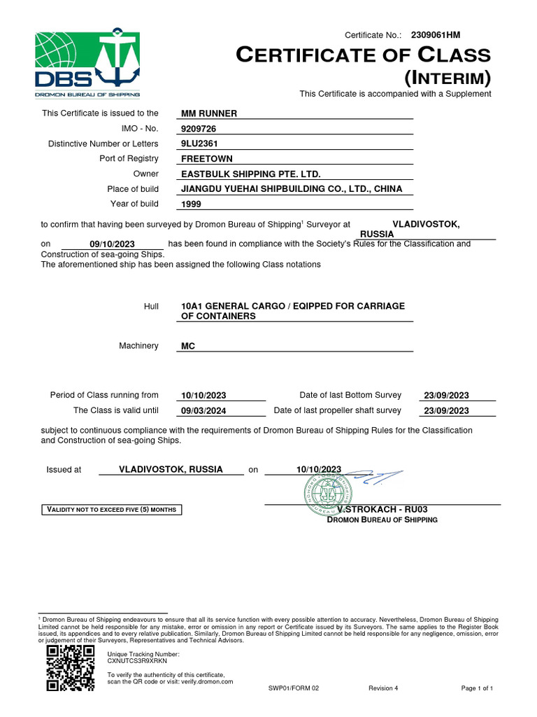Certificate of Class (+supplement) | Download Free PDF | Tonnage ...