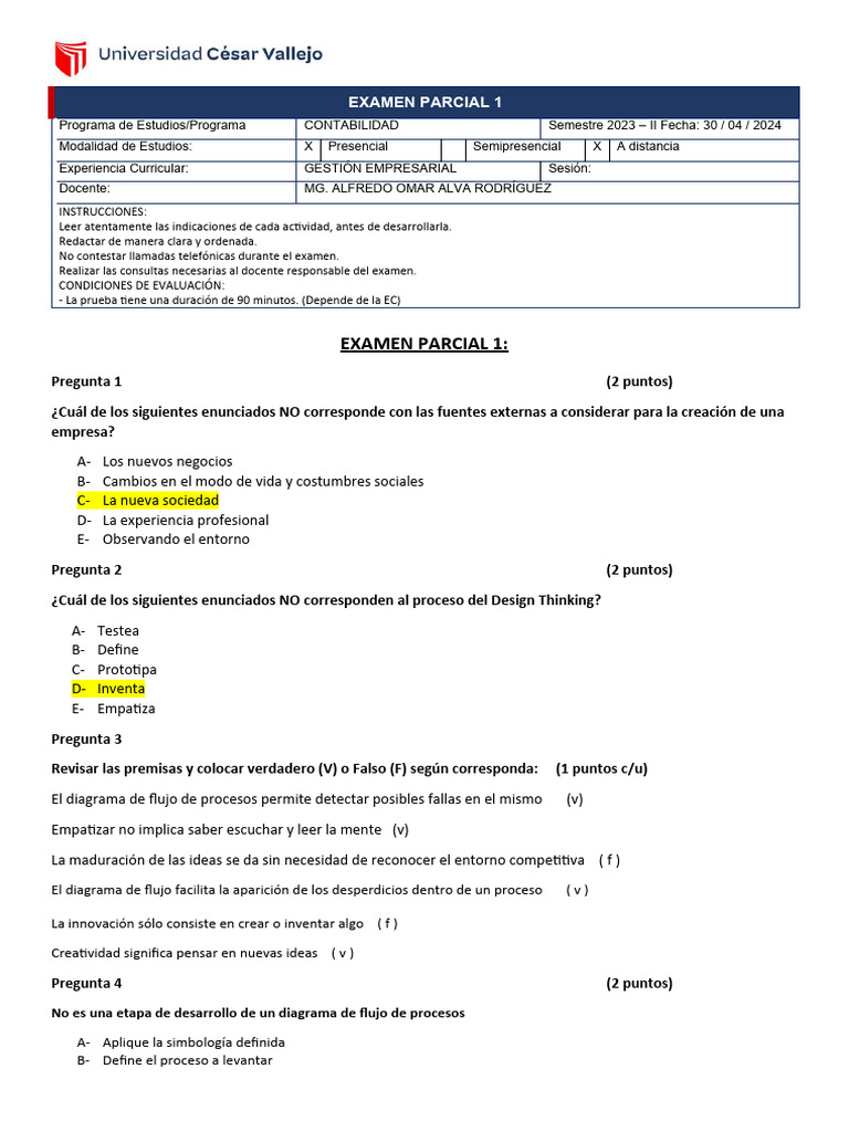 Examen Parcial 1-Gestion Empresarial-2024-1 | PDF | Business