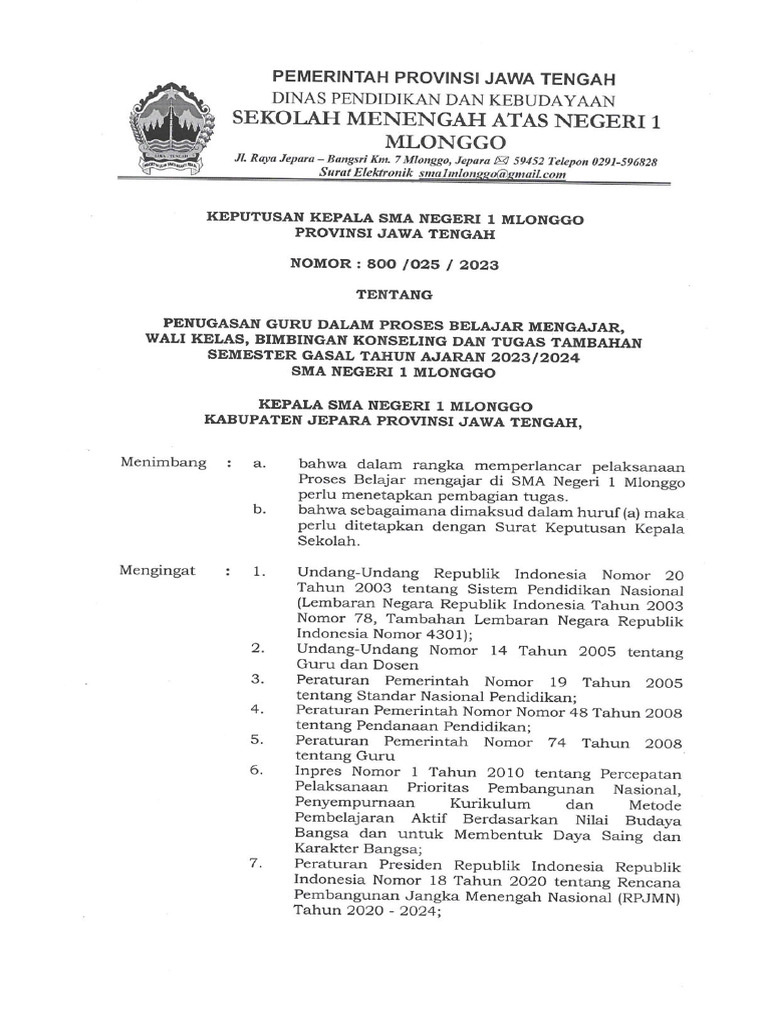 Pembagian Tugas Mengajar SMT 1 TP 2023-2024 - 12092023 - Stempel | PDF