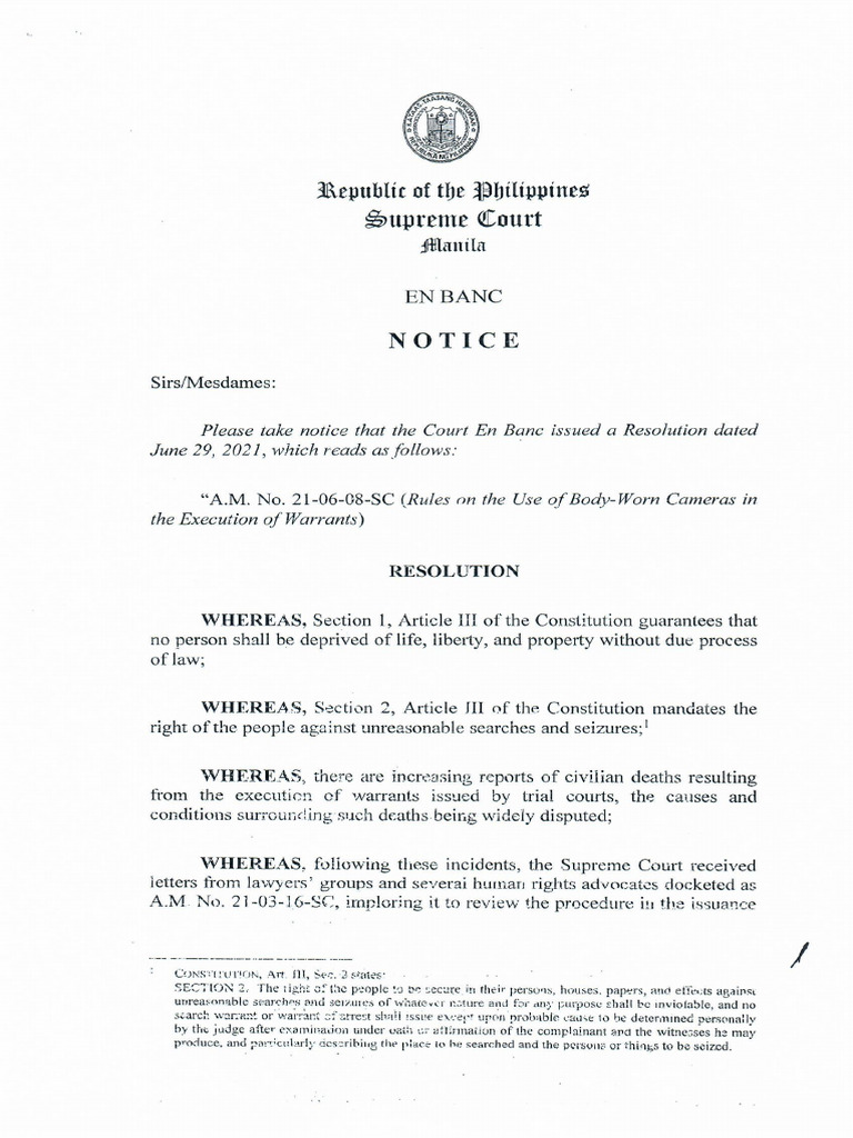 Rules On The Use of Body-Worn Camera in The Execution of Warrants | PDF