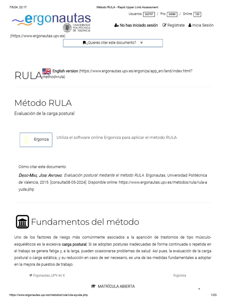 Método RULA - Rapid Upper Limb Assessment | PDF | Medición | Frecuencia