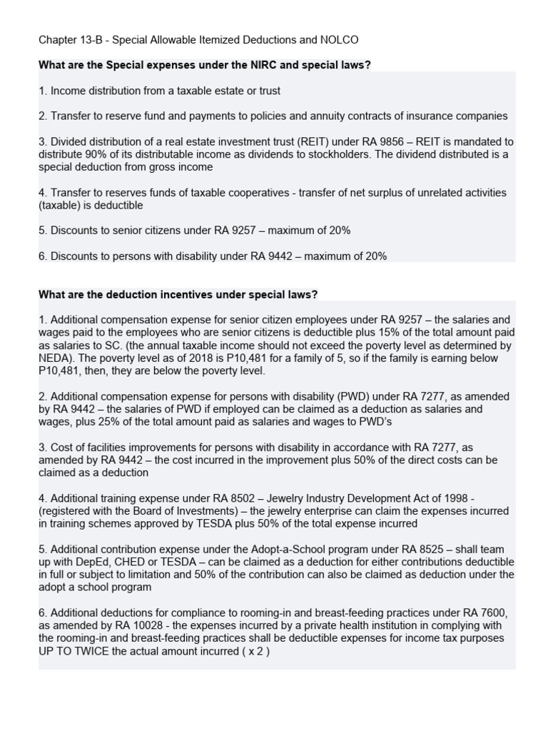 Chapter 13-B - Special Allowable Itemized Deductions and NOLCO | PDF ...