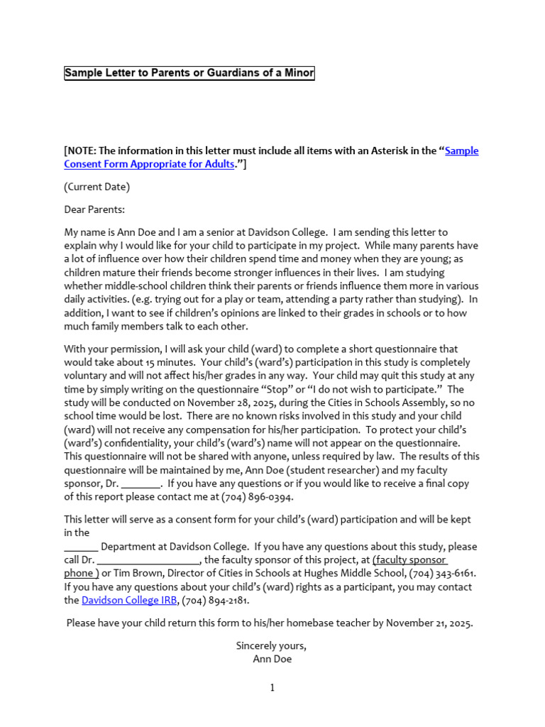 Sample Consent Letter Parent Guardian Davidson College | PDF | Justice ...