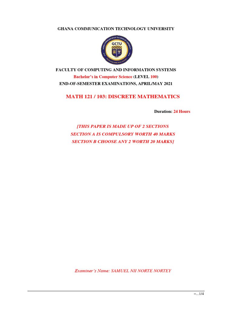 1st Semester End of Sem Exams For Discrete Mathematics April 2021 | PDF | Theoretical Computer ...