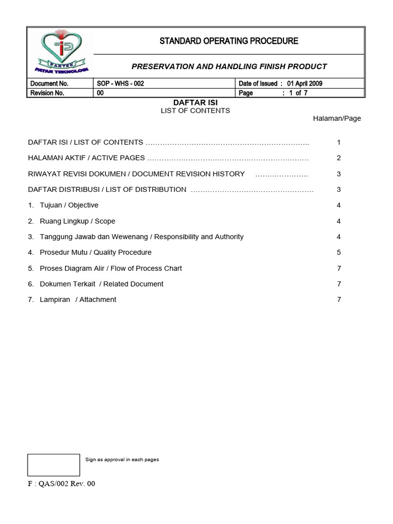 SOP-WHS-002 - Preservation and Handling Finish Product API[1] | PDF | Pallet | Cargo
