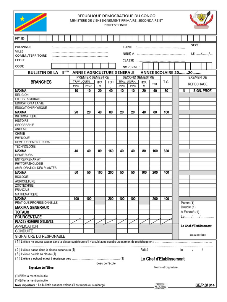 Bulletin Scolaire 5ème Année Agriculture | PDF
