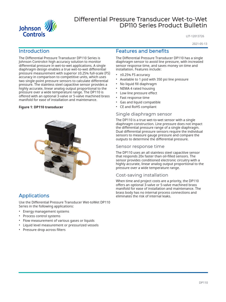 DP110 Series Water Differential Pressure Sensor | PDF | Pressure ...