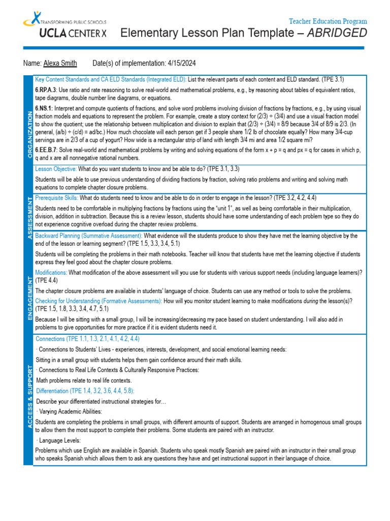 Alexa Smith Lesson Plan | PDF | Learning | Ratio