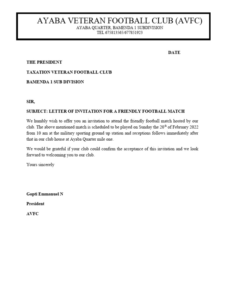 Invitation to Friendly Football Match | PDF
