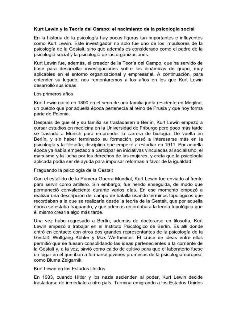Kurt Lewin y La Teoría Del Campo | PDF | Sicología | Psicología Social