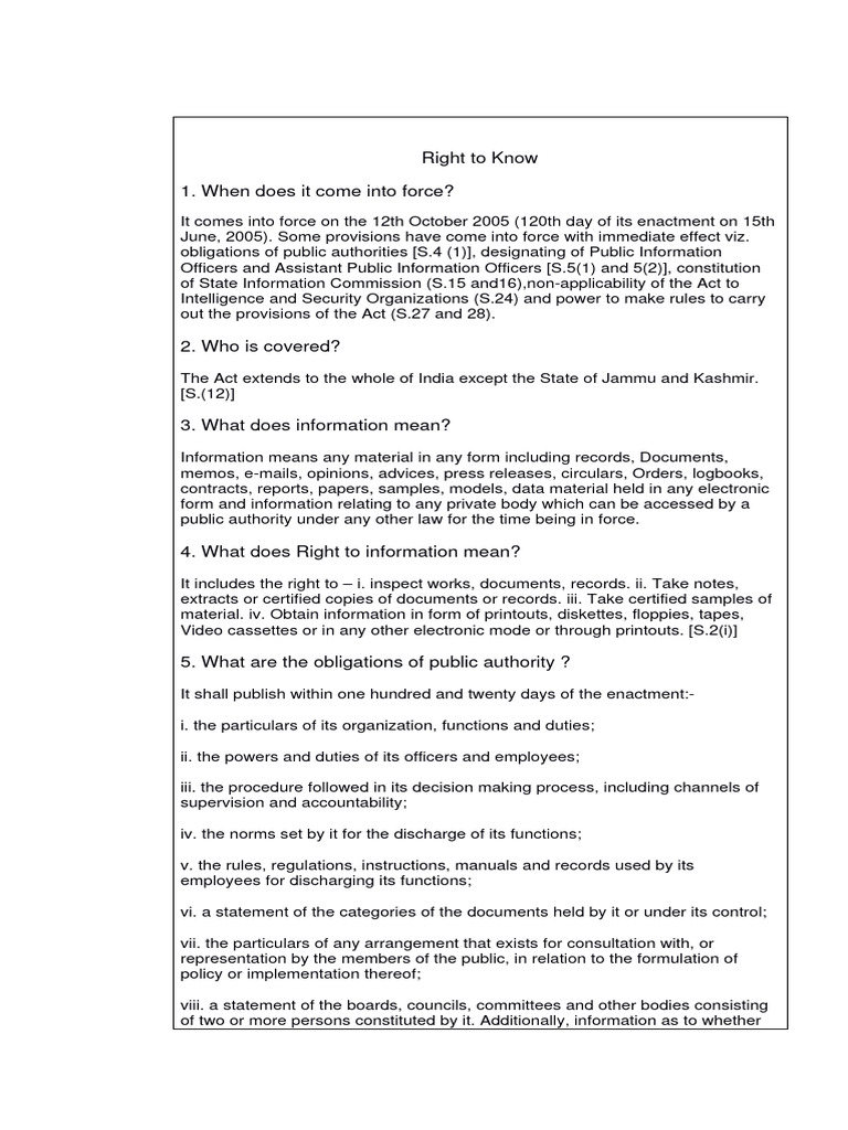 Right To Know 1. When Does It Come Into Force? | PDF | Discovery (Law ...