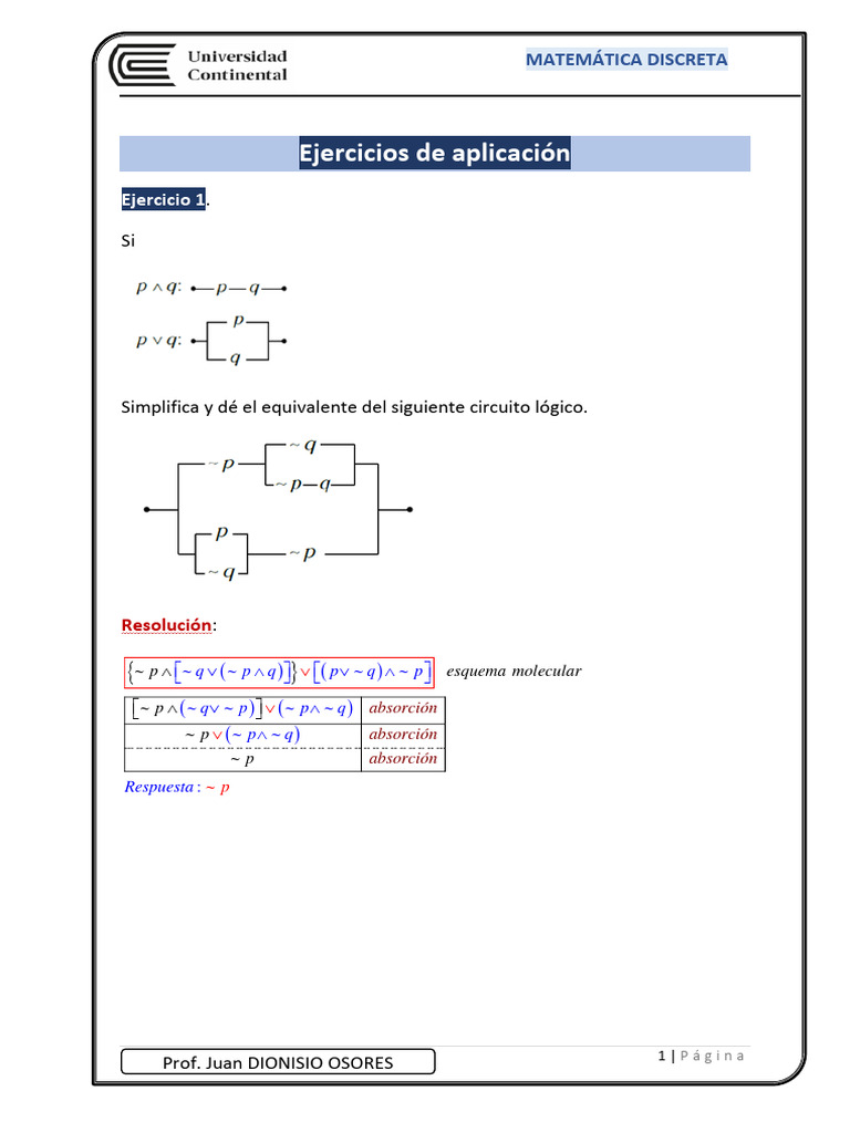 Leyes Lógicas - Ejercicios de Aplicación 1 | Descargar gratis PDF | Lógica matemática | Lógica