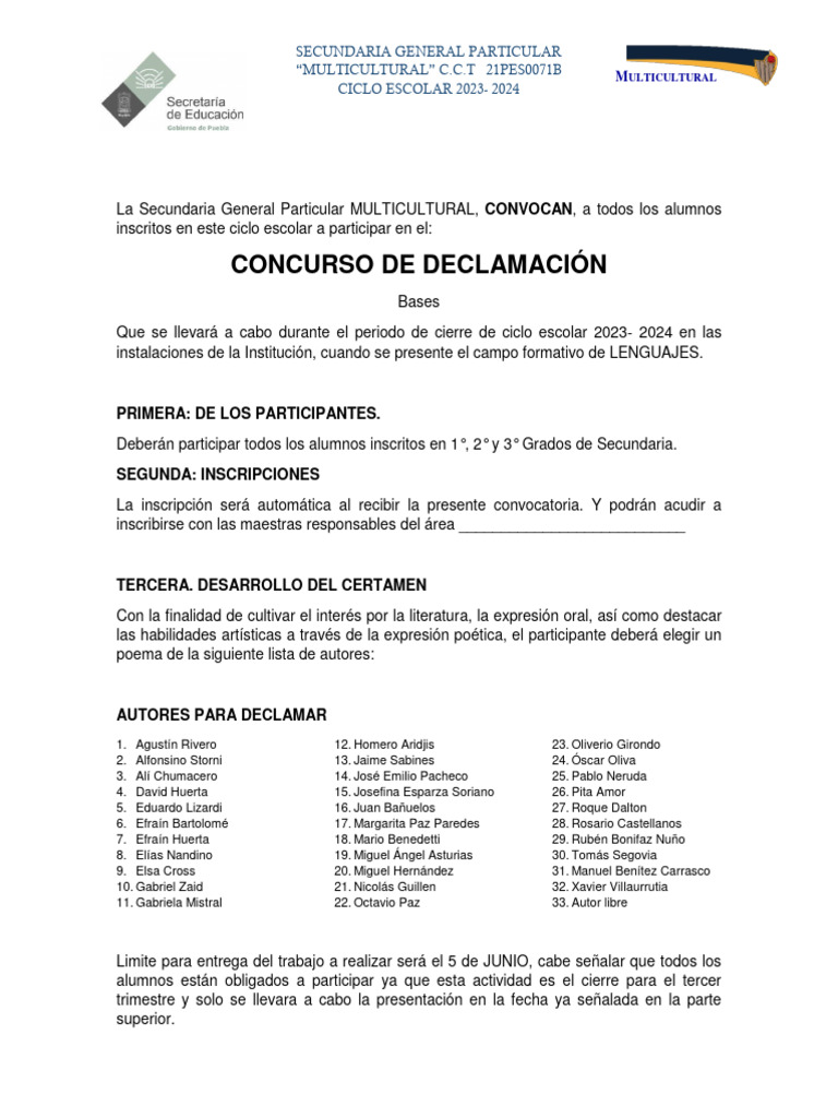 Convocatoria Interna Declamación 2024 | PDF | Poetas | Literatura en ...