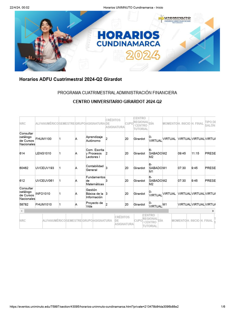 Horarios UNIMNUTO Cundinamarca Q2 - Inicio | PDF | Economias | Matemáticas
