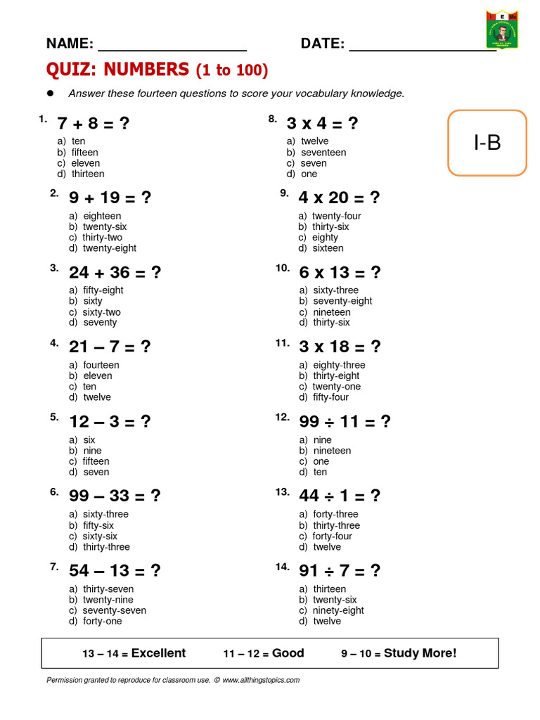 Math Quiz: Numbers 1-100 | PDF