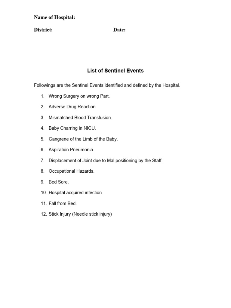 Hospital Sentinel Events List | PDF