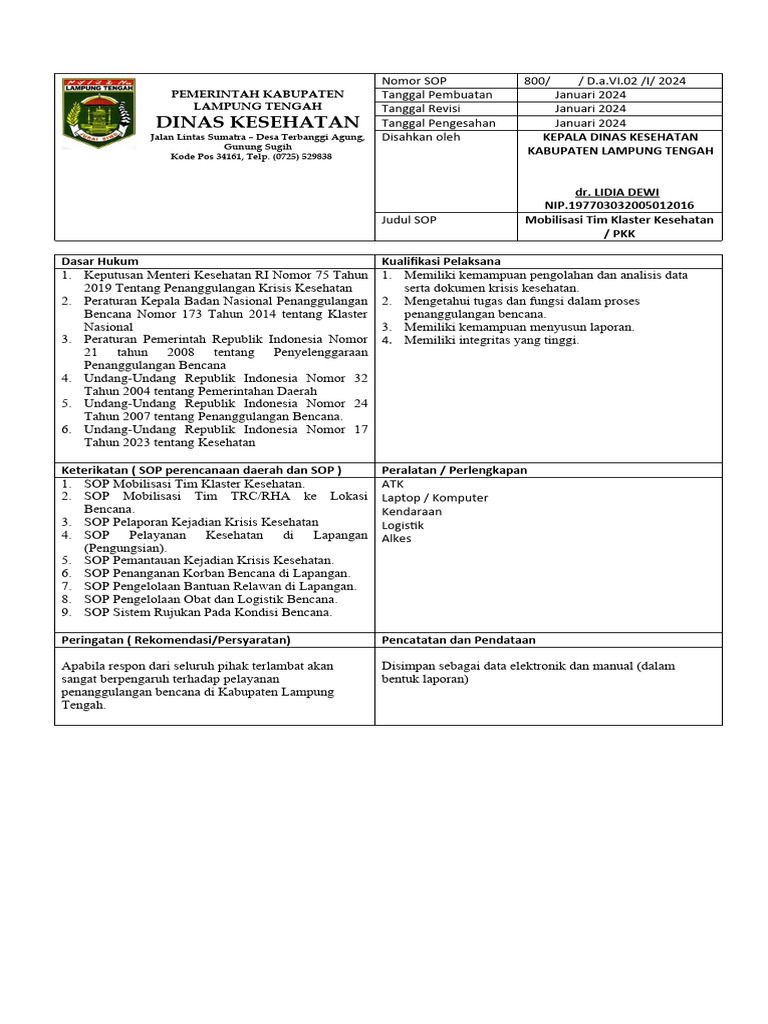 Sop Mobilisasi Tim Klaster Kesehatan - PKK | PDF