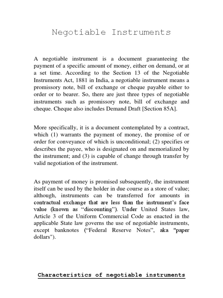 Characteristics of Negotiable Instruments | Download Free PDF ...