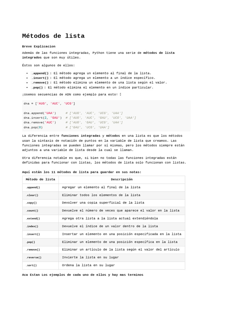 Métodos de Lista | PDF | Programación de computadoras