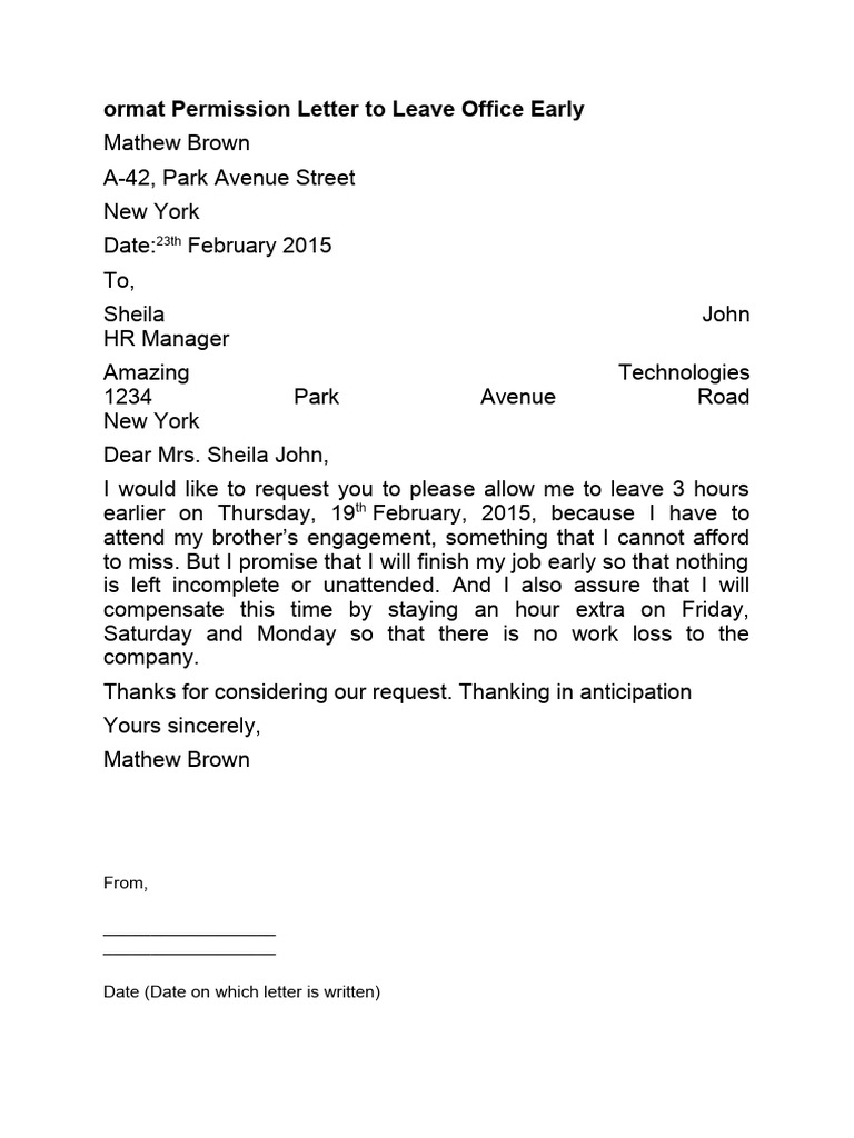 Early Leave Request Letter Template | PDF