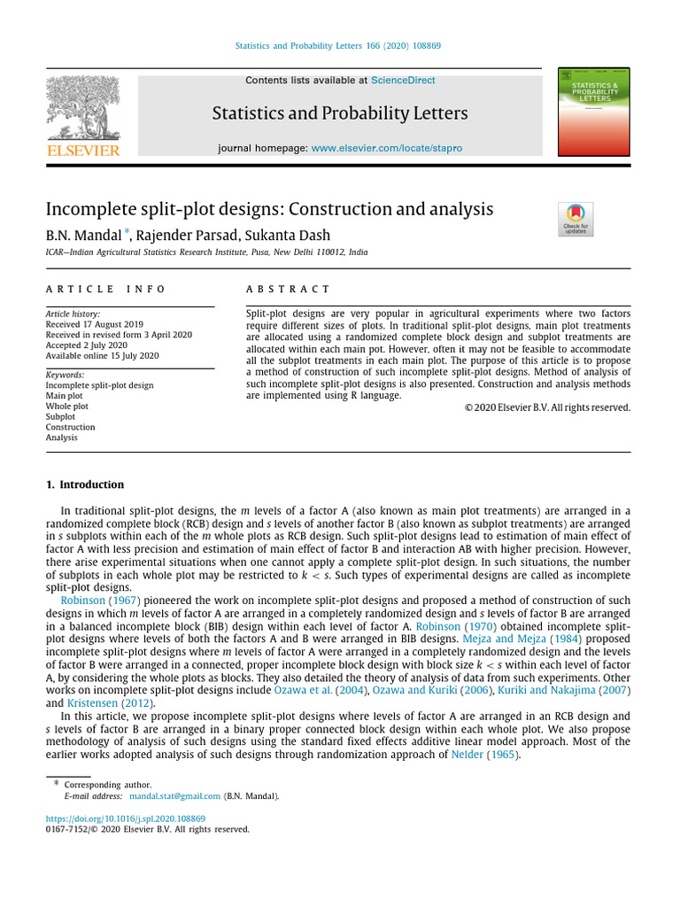Incomplete Split-Plot Designs Construction and Analysis | PDF | Applied Mathematics | Science