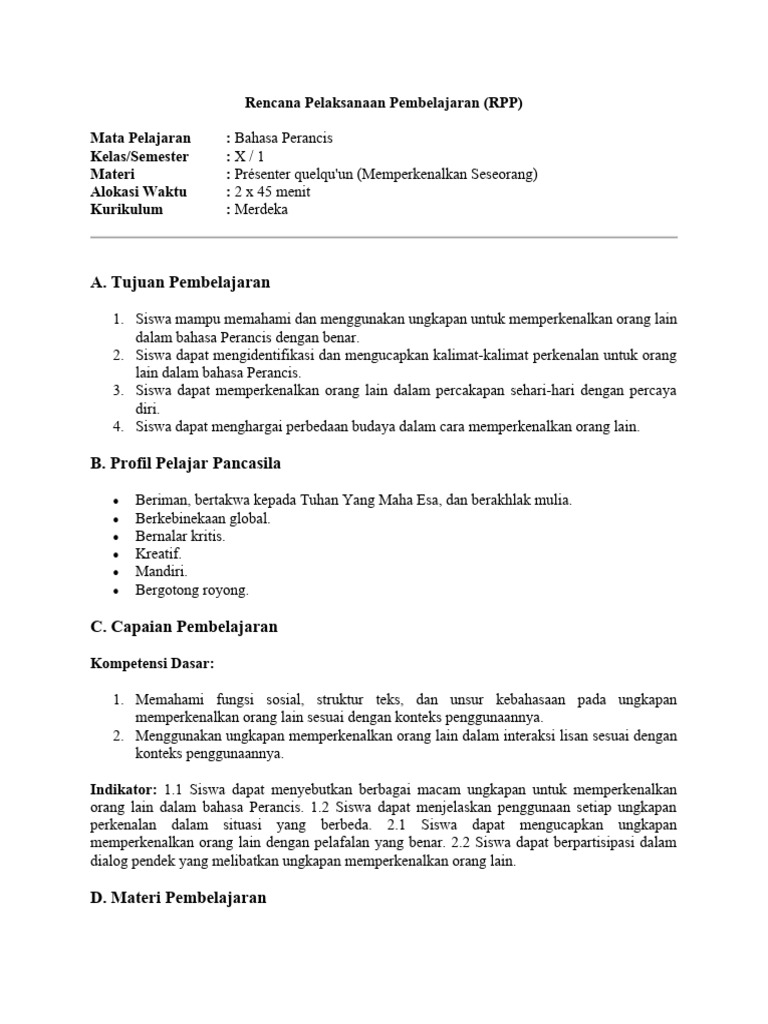 RPP X Présenter Quelqu'un Bahasa Prancis Semester Ganjil SMA | PDF