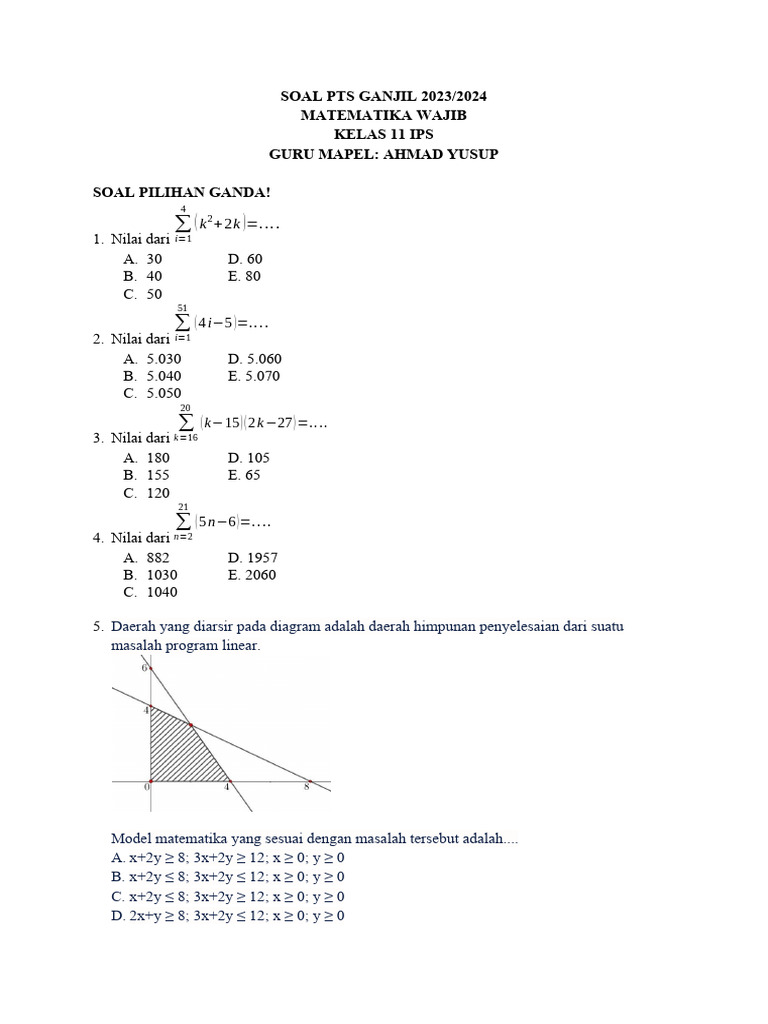 Soal PTS Ganjil 2023 MTK Wajib Kelas 11 Ips | PDF