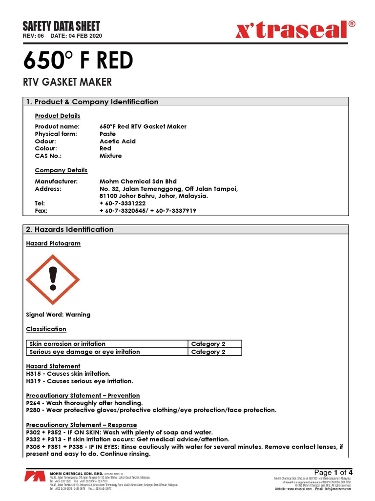 3666779439SDS - 650°F Red RTV Silicone (Acetoxy) | PDF | Materials