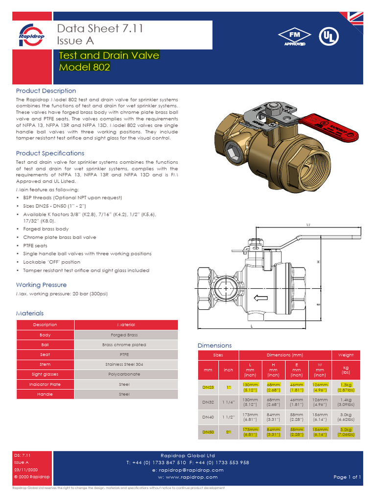 Test & Drain Valve Data Sheet. | PDF | Valve | Fire Sprinkler System