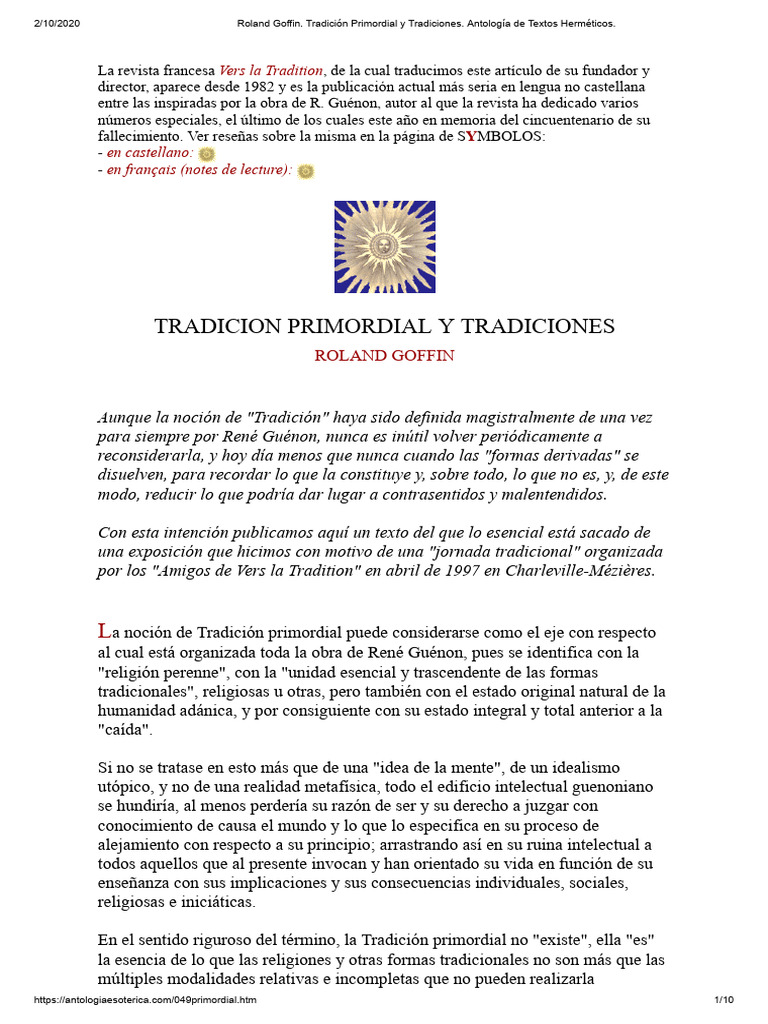 Roland Goffin. Tradición Primordial y Tradiciones. | PDF | Metafísica | Tradiciones