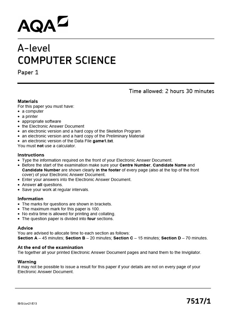 Aqa 75171 QP Nov21 | PDF | Computer Programming | Computing