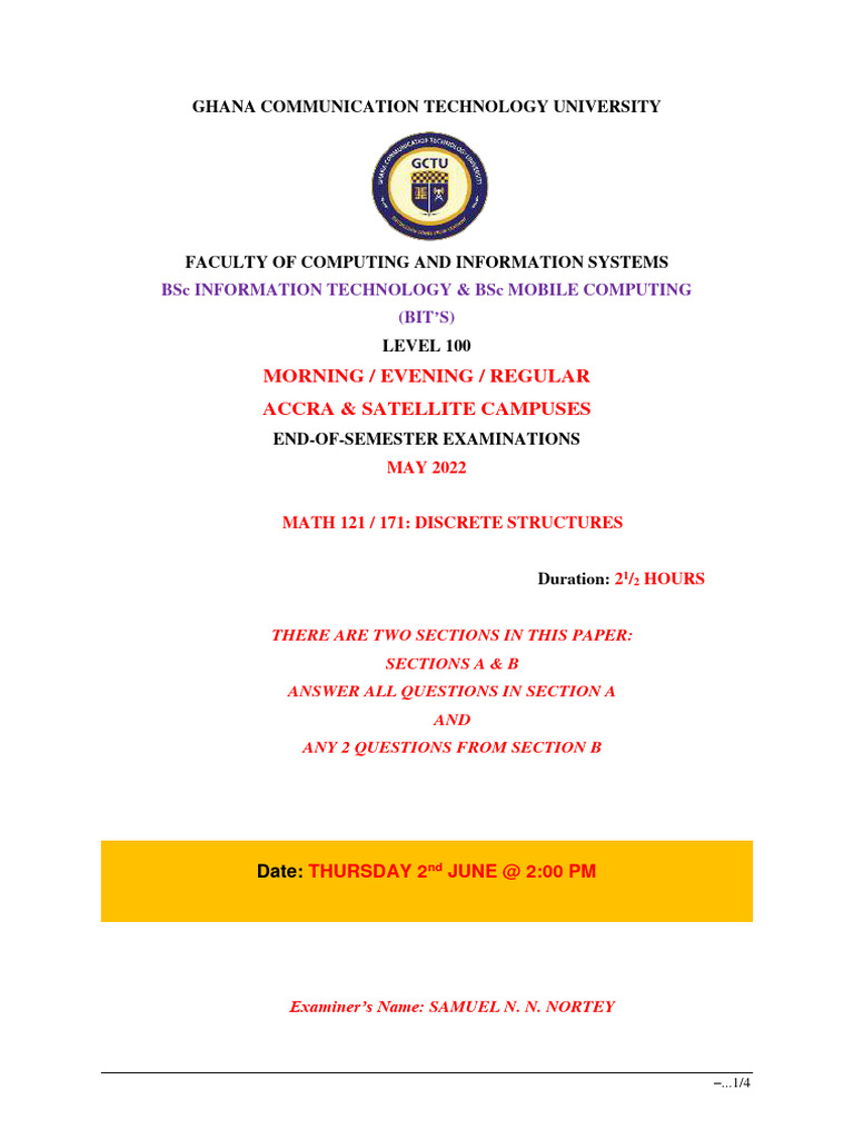 1st Semester End of Sem Exams For Discrete Structures May 2022 BIT ...