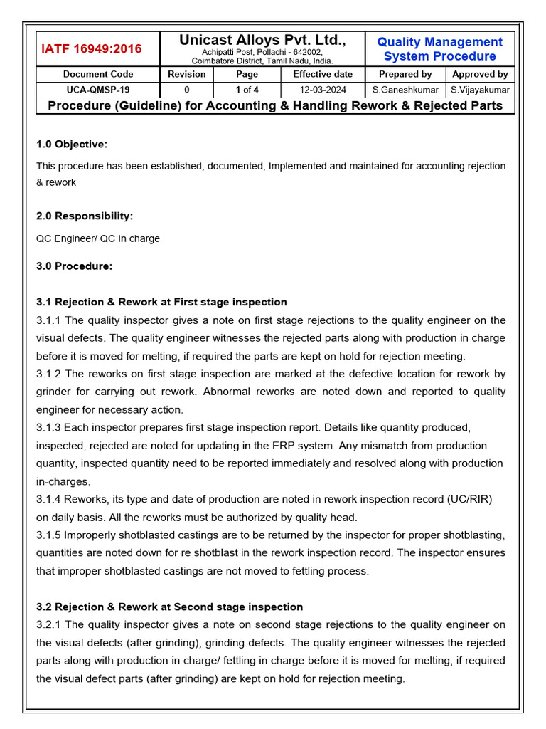 Handling Rework & Rejected Parts Procedure | PDF | Foundry | Metallurgy