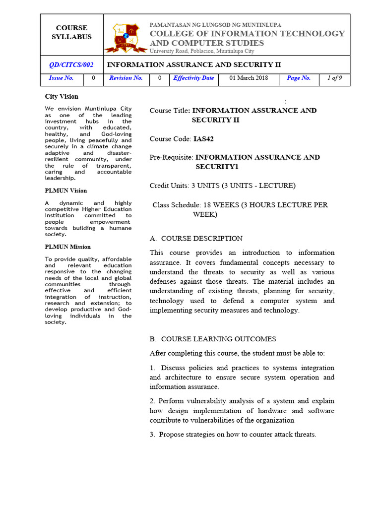 Information Assurance and Security II Syllabus | PDF | Security ...