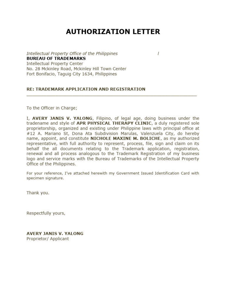 Trademark Application Authorization Letter | PDF
