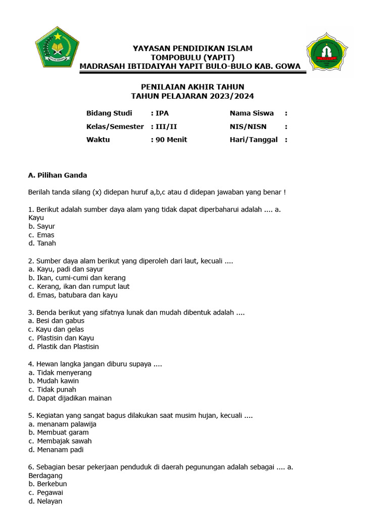 Soal Pat IPA Kls 3 Semester 2 | PDF