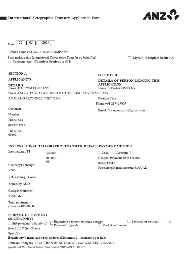International Telegraphic Transfer Form | PDF | Banks | Payments