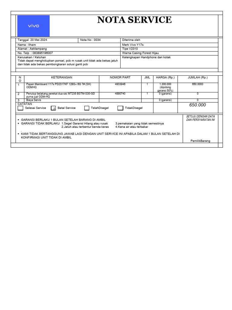 Nota Service HP Vivo Y17s 2024 | PDF