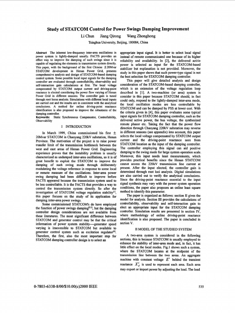 Study of Statcom Control For Power Swings Damping Improvement | PDF ...