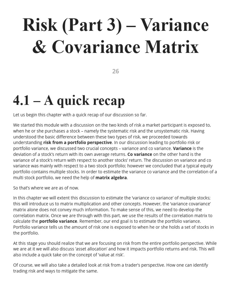Risk Part 3 Variance And Covariance Matrix Varsity By Zerodha All Things Stock Markets