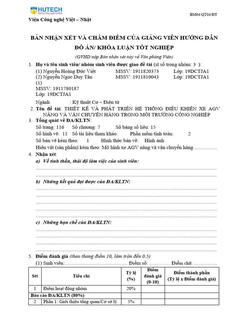 BM04 - QT04 - ĐT - Nhan Xet, Cham Diem Cua GVHD - Nhóm 3 | PDF
