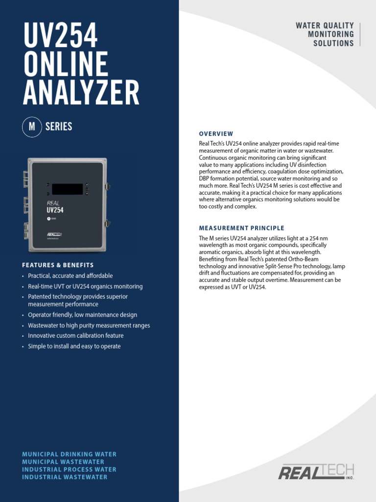 UV254 Analyzer M Series Specification Sheet - Real Tech | PDF | Water | Ultraviolet