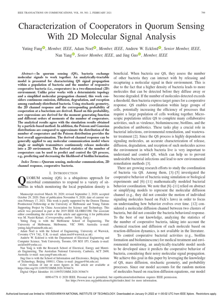 Characterization of Cooperators in Quorum Sensing With 2D Molecular Signal Analysis | PDF ...