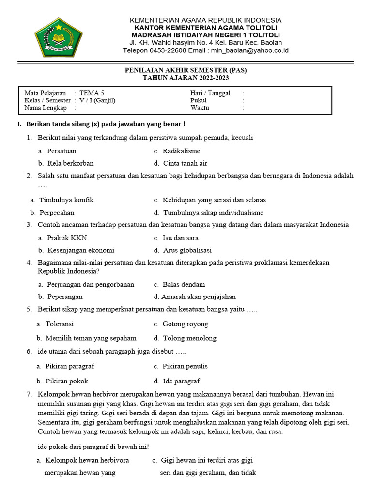 Soal PAS TEMA 5 Kelas 5 SMT 1 | PDF