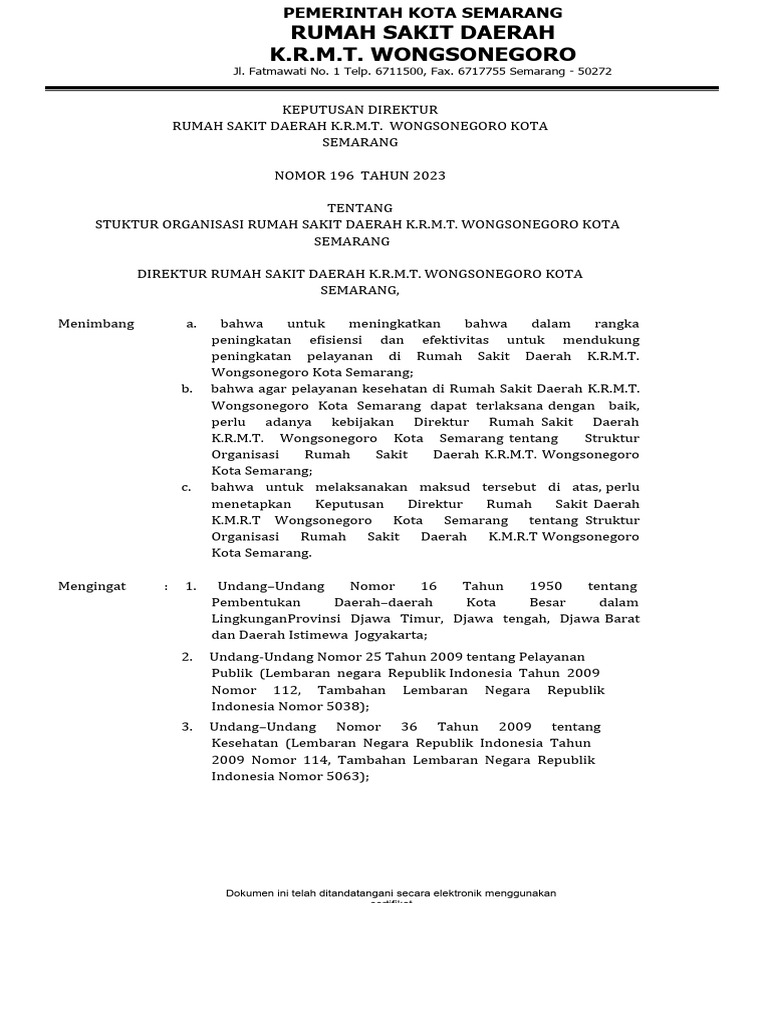 Struktur Organisasi RSUD K.R.M.T. Wongsonegoro | PDF